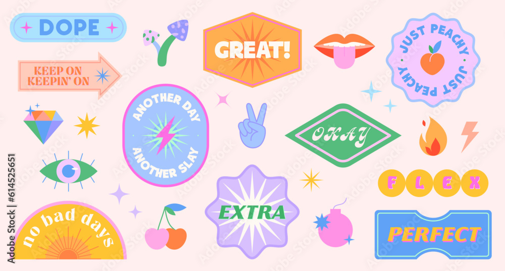 Vector set of cute funny patches and stickers in 90s style.Modern icons ...