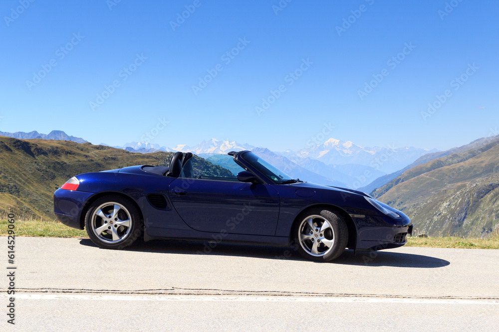 Realp, Switzerland - August 13, 2022: Blue roadster Porsche Boxster 986 ...