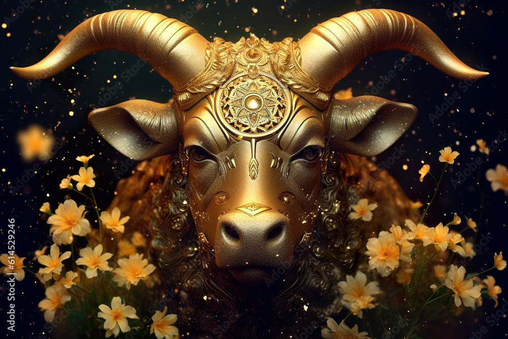 Zodiac sign of Taurus, head of fairytale golden bull on sky background ...