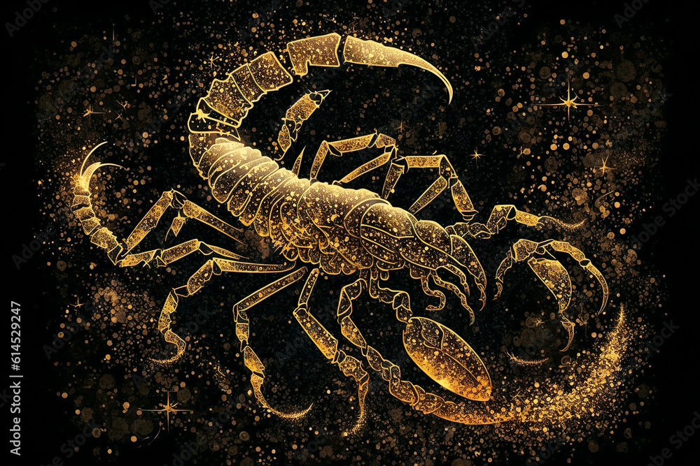 Zodiac sign of Scorpio, gold shiny scorpion on night sky background ...