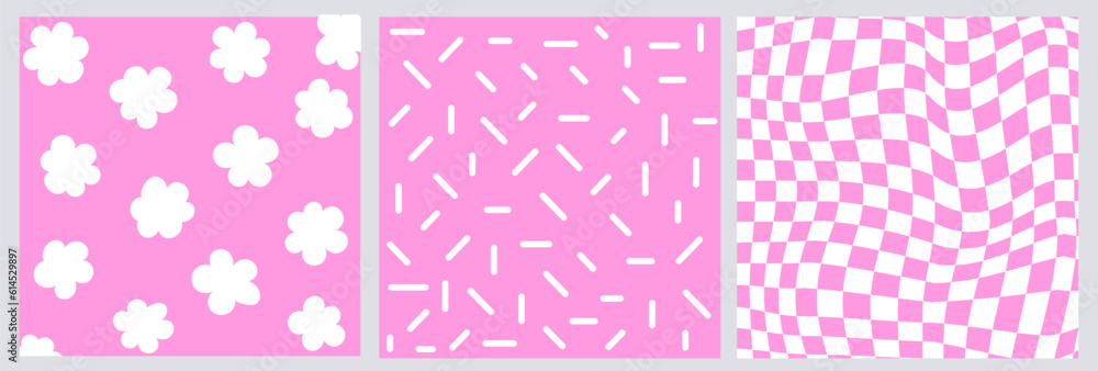 Cute pink cartoon flower, cell and and vase seamless pattern set ...