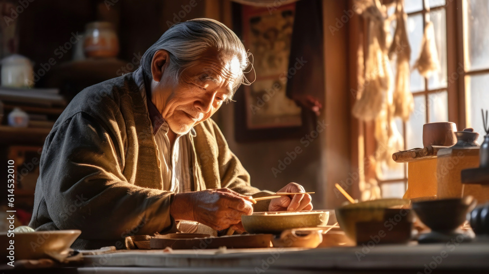 Old Japanese man master in his workshop in the light of dawn rays ...