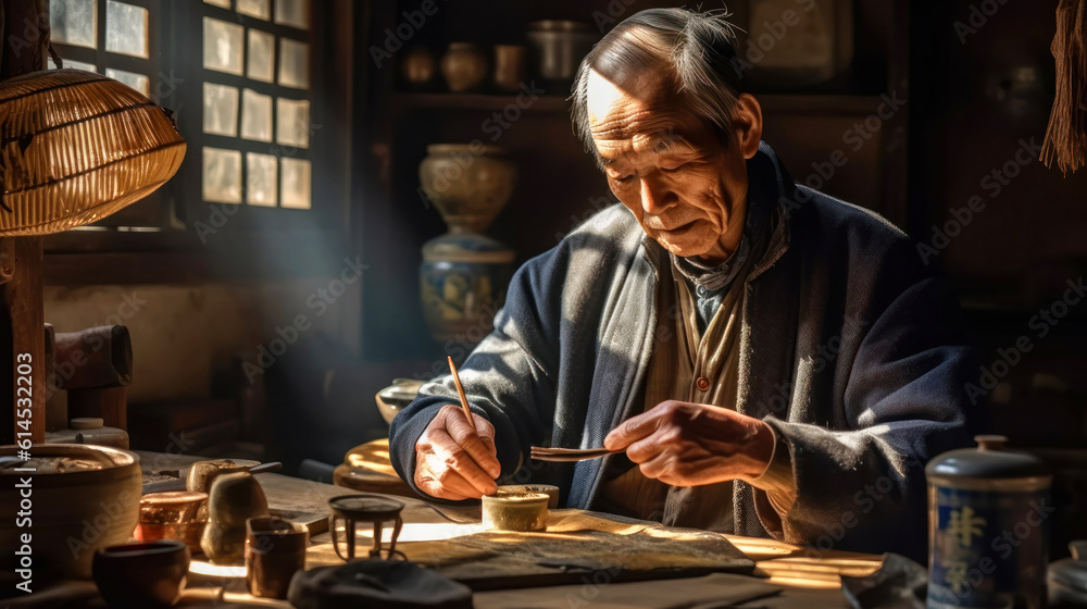 Old Japanese man master in his workshop in the light of dawn rays ...