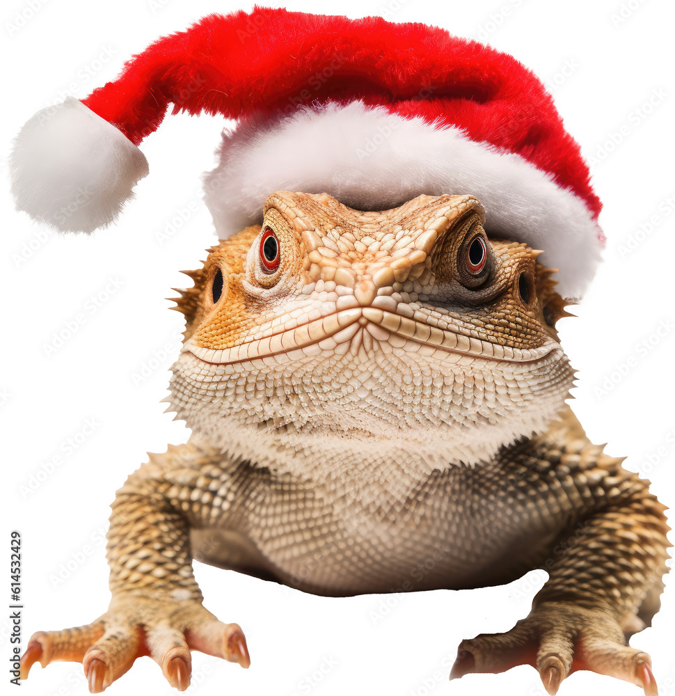 A bearded dragon wearing a santa hat for christmas isolated on a ...