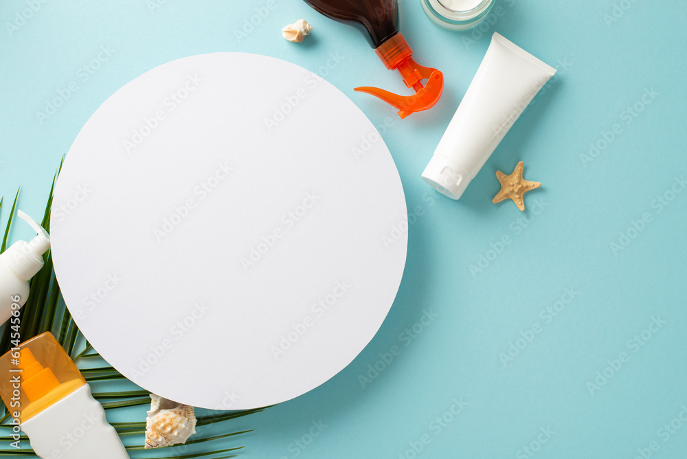 Sun protection essentials for a perfect tan. Top view of sunblock oil ...