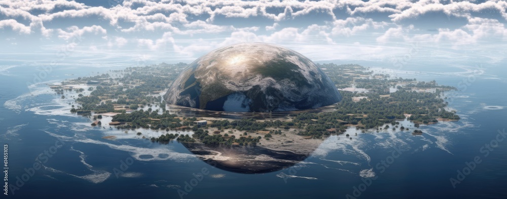 Water, planet and climate change with the earth in a puddle as a symbol ...