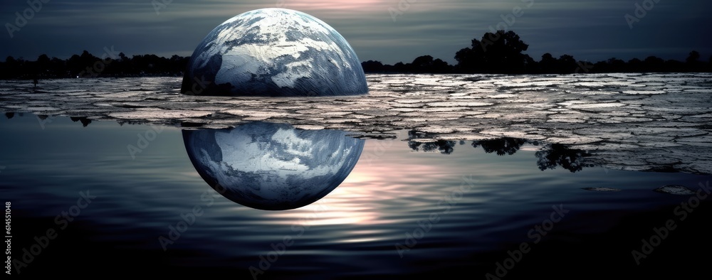 Water, planet and climate change with the earth in a puddle as a symbol ...