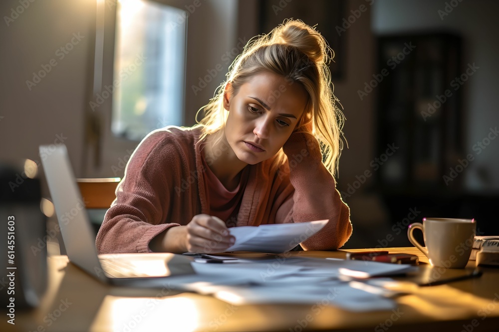 Stressed young woman reviewing her bills, reflecting financial strain ...
