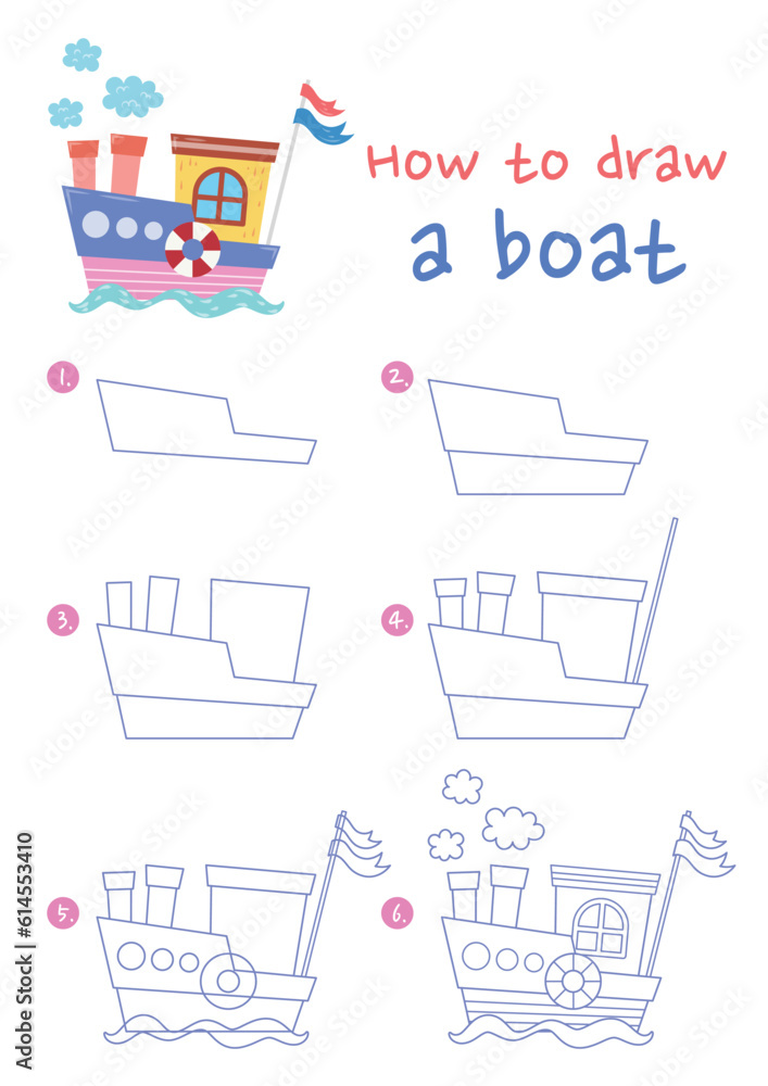 Vetor de How to draw a boat vector illustration. Draw a boat step by ...