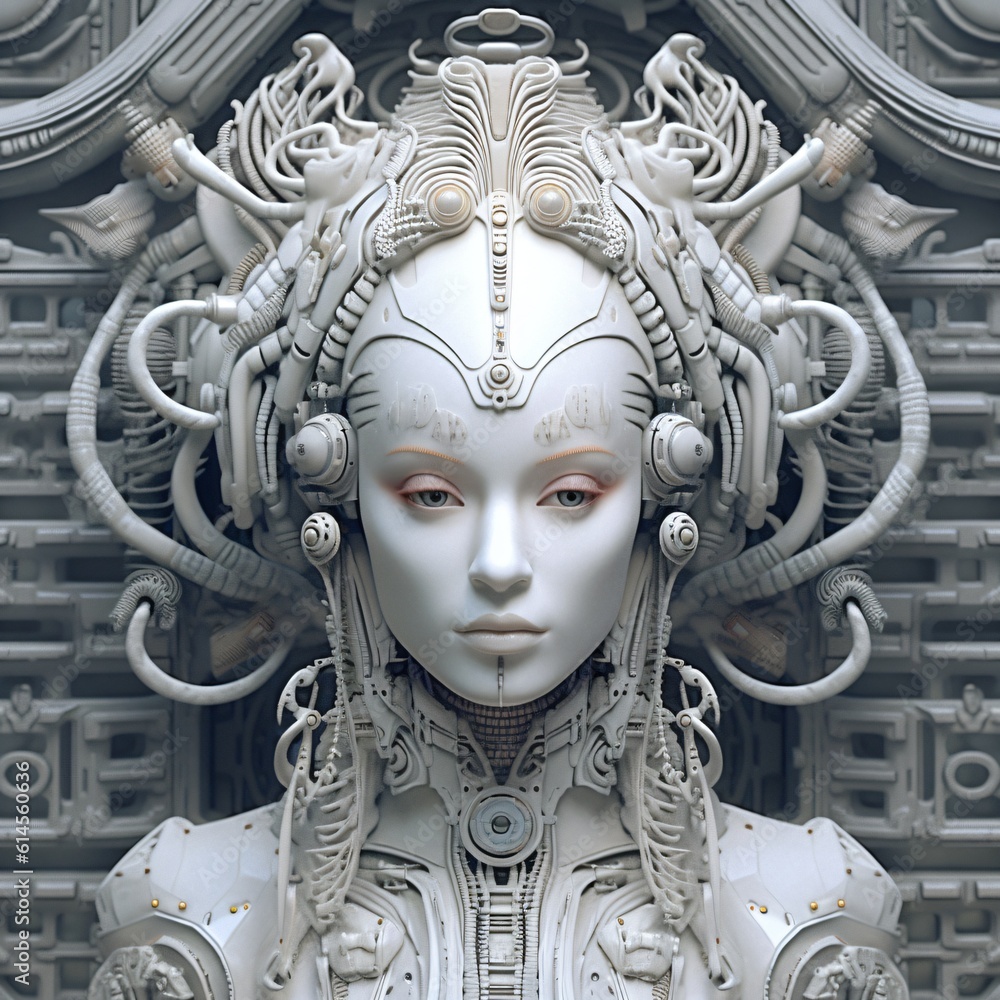 surreal female portrait with crazy alien headdress, fictional person ...