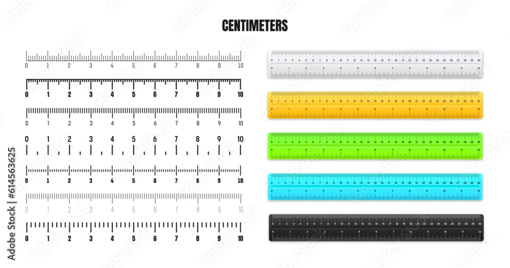 Realistic metal rulers with black centimeter scale for measuring length ...