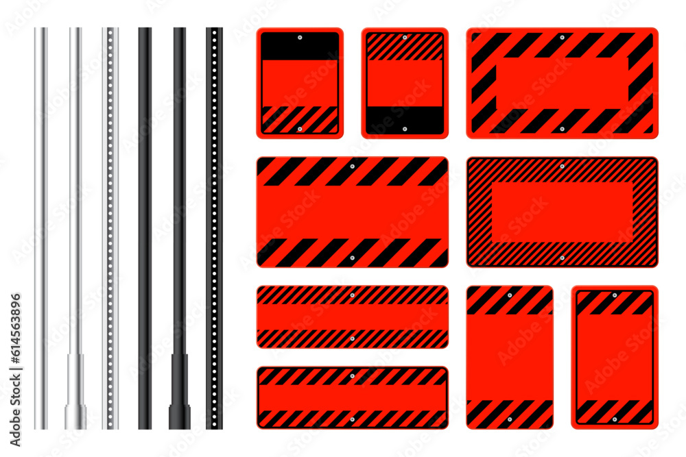 Warning, danger signs, attention banners with metal poles. Blank red ...