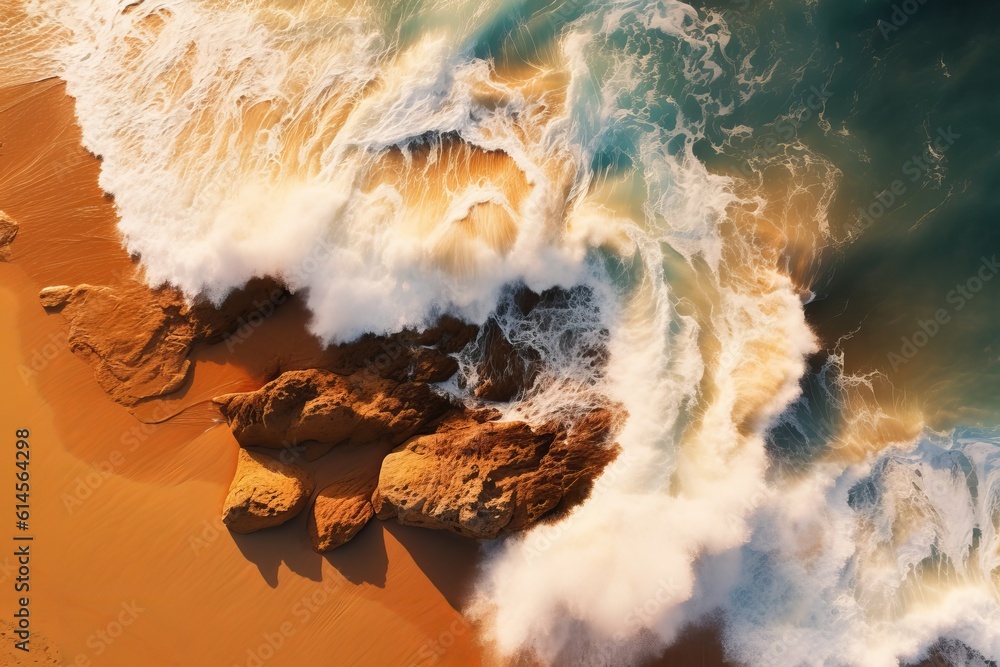 Captured from above: An awe-inspiring aerial view of a breaking wave in Peniche, Portugal. The ...