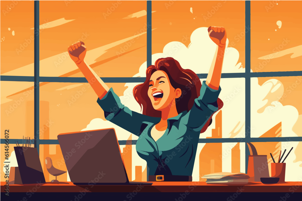 cartoon vector illustration of Triumph at Sunset, Businessman ...