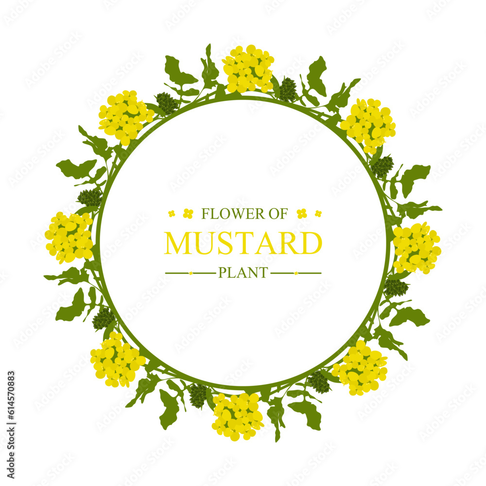 Round floral frame with flower of mustard plant and leaves. Circle ...