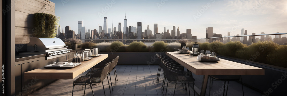 A modern and sleek rooftop barbecue area with a stunning cityscape view ...