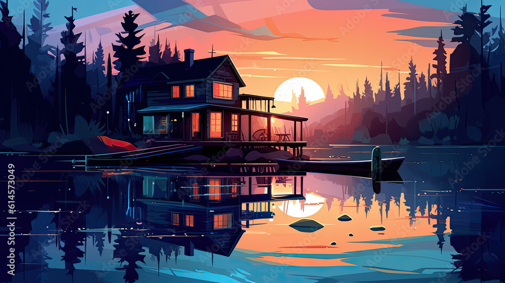 Cartoon Lakehouse Sunset Stock Illustration | Adobe Stock