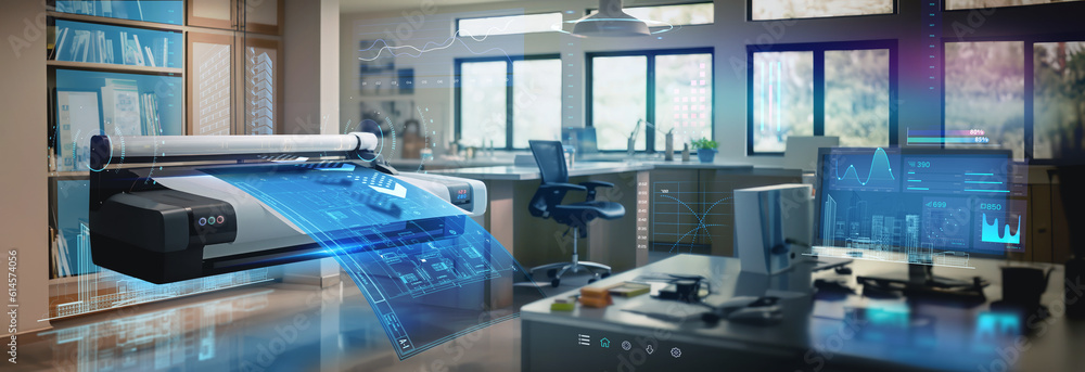 Professional Large Format Plotter At An Engineering Office Printing Design Blueprints As Wide