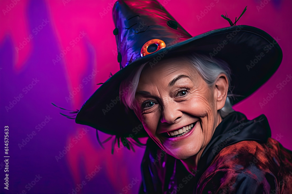 Smiling older woman wearing festive Halloween witch costume with spooky ...