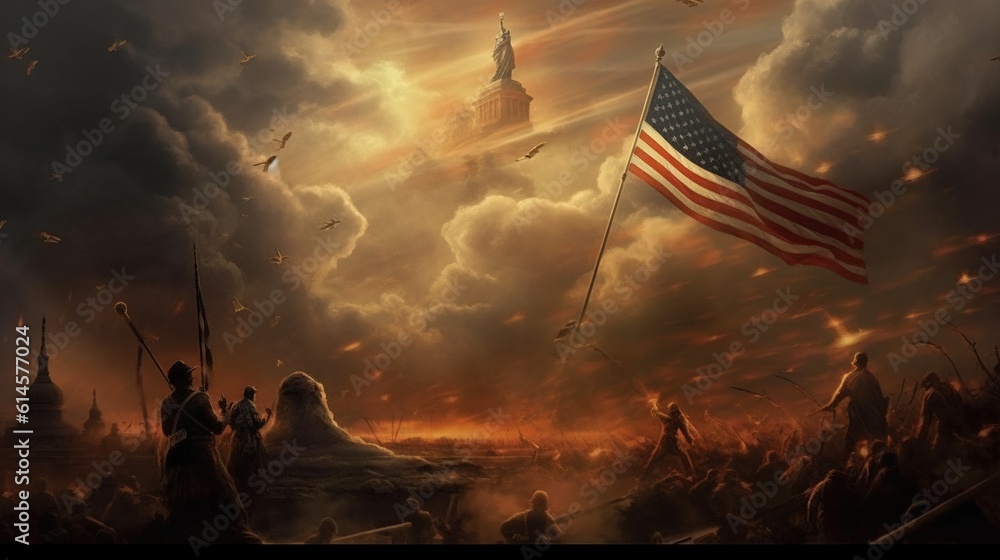 a painting of a large american flag flying in the sky apocalypse art ...