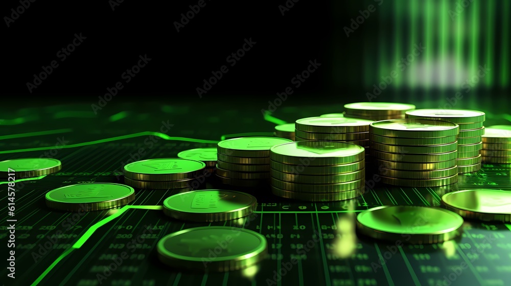 3D coin background with a green finance graph - Created using ...