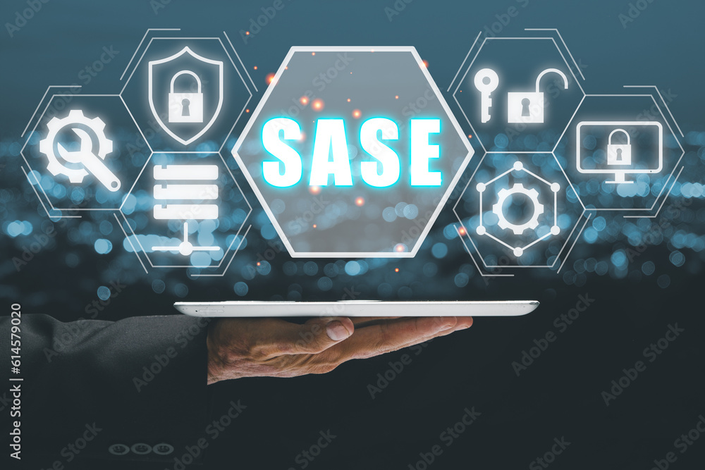SASE, Secure Access Service Edge concept, Person hand using tablet with ...