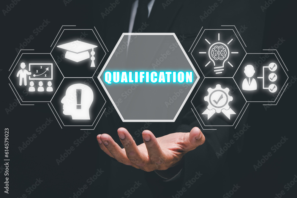 Qualification concept, Person hand holding qualification icon on ...
