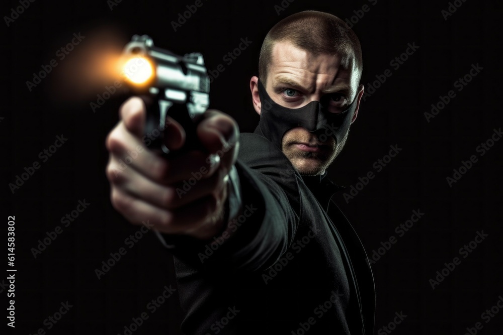 Masked criminal with a gun. Background with selective focus. AI ...