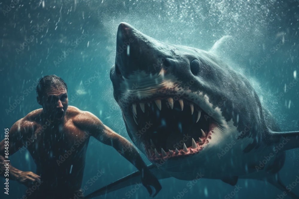 Shark attack on a man in the open sea. The concept of danger for the ...