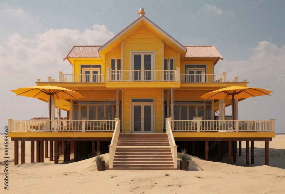 large wooden house with a front porch leading out to a beach, in the ...
