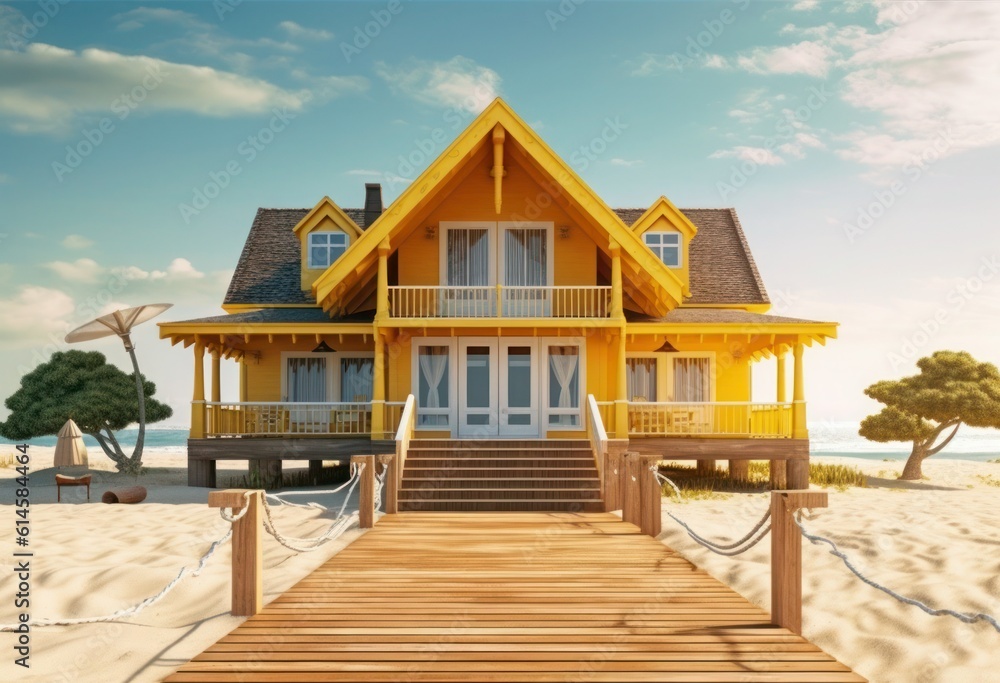 large wooden house with a front porch leading out to a beach, in the ...