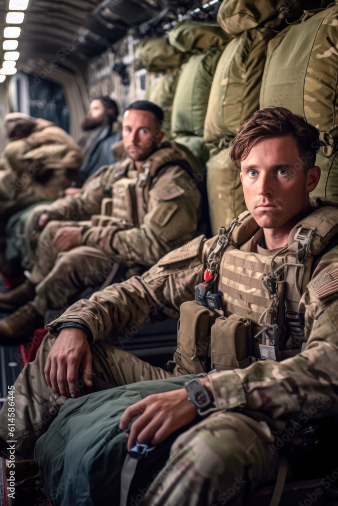 Paratrooper soldiers on a military cargo plane, USA flag patches ...