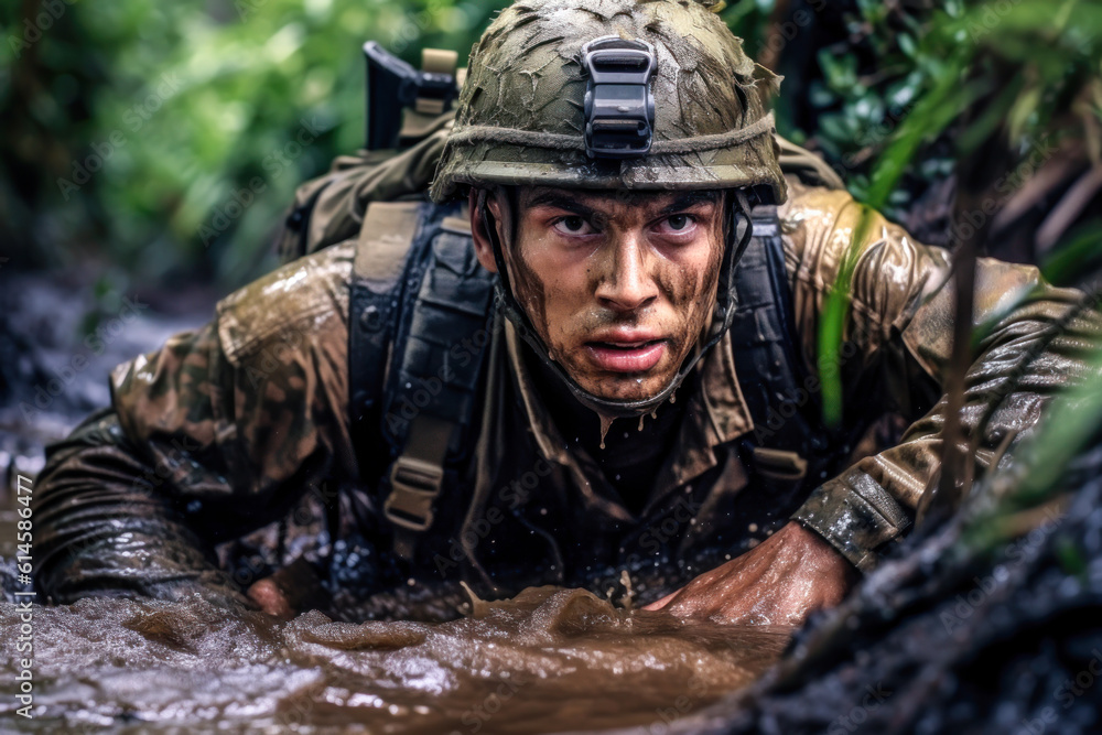 Army soldier crawling through muddy water in the jungle. Generative AI ...