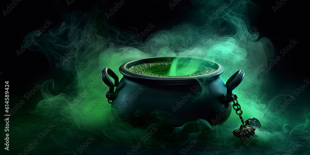 Halloween magical witches green bubbling cauldron with fog and mist ...