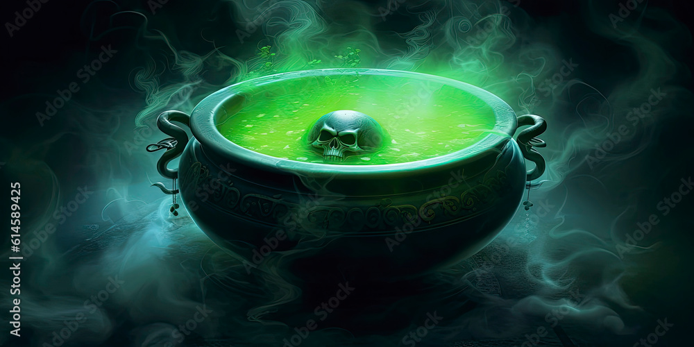 Halloween magical witches green bubbling cauldron with fog and mist ...
