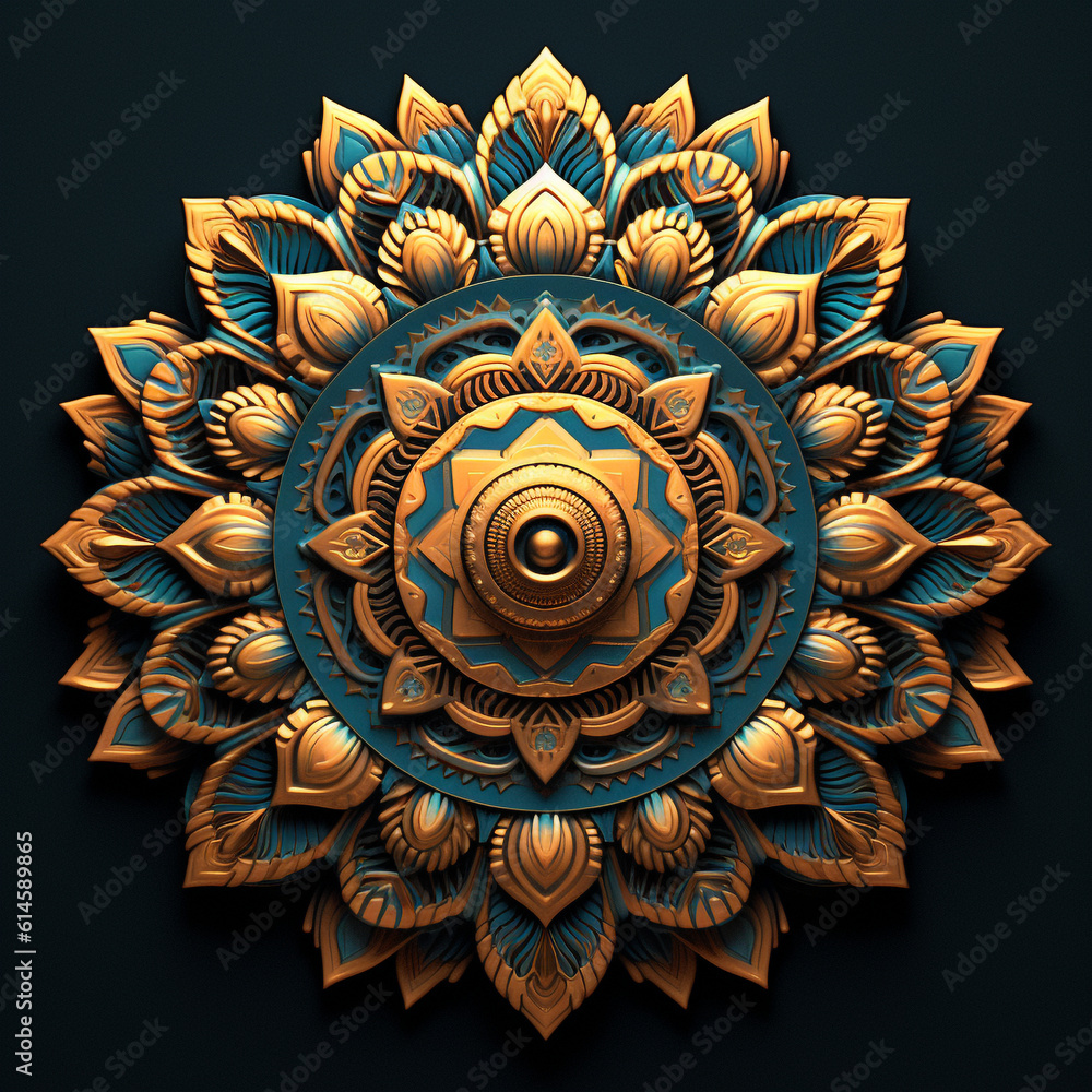 mandala hand drawing in fighting effects style on bronze isolated dark ...
