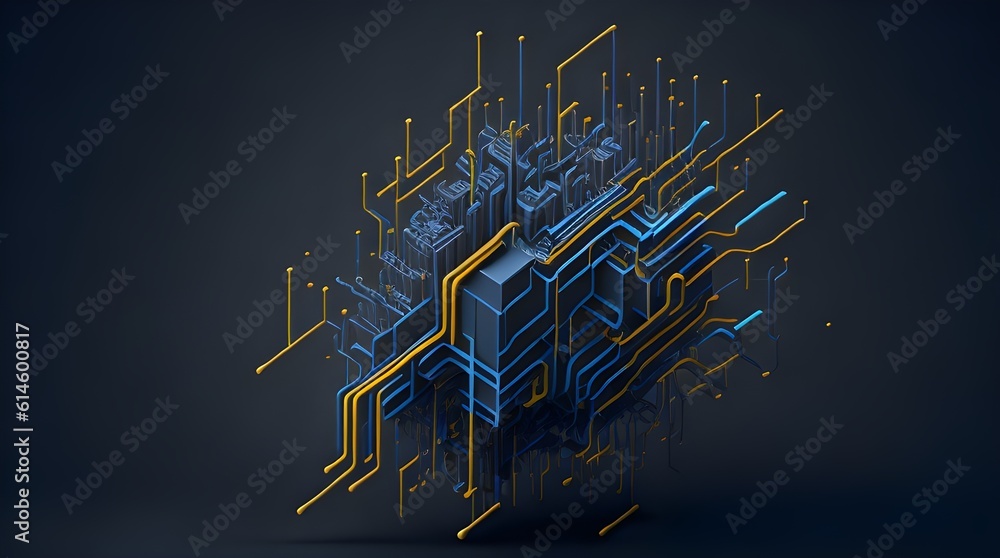 Futuristic microchip processor with lights on black background. Quantum computer, large data ...