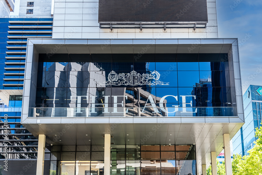The glass facade featuring the main signage for 'The Age' newspaper ...