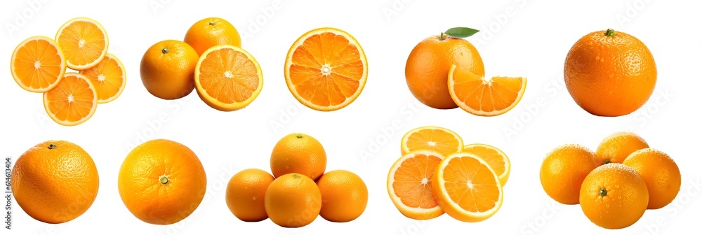Orange oranges fruit, many angles and view side top sliced halved cut ...
