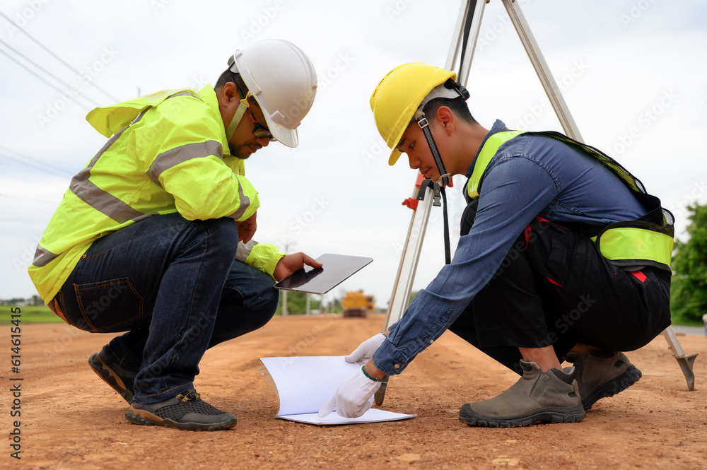 Foto Stock Asian surveyor engineer two people checking level of soil ...
