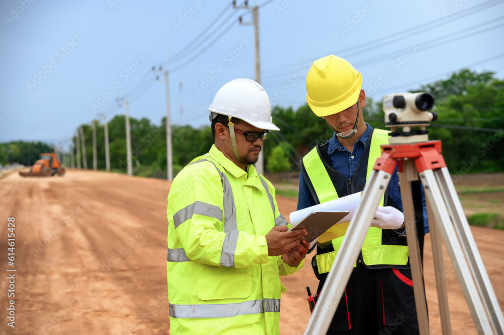 Asian surveyor engineer two people checking level of soil with Surveyor ...