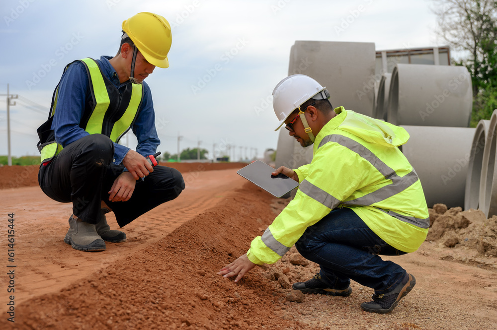 Asian civil engineers touching and inspecting laterite soil for ...