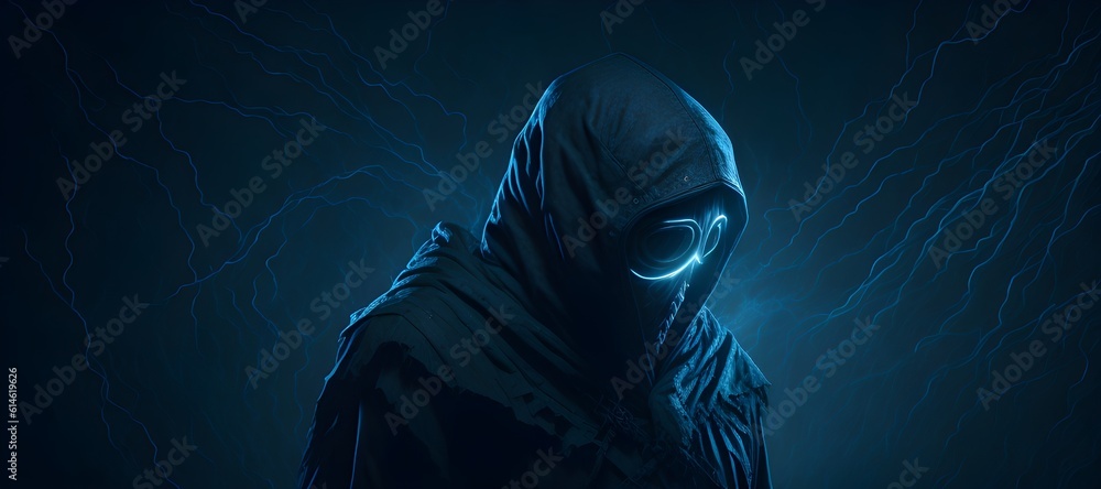 person in the dark. Anonymous man in a hood hiding face behind neon ...