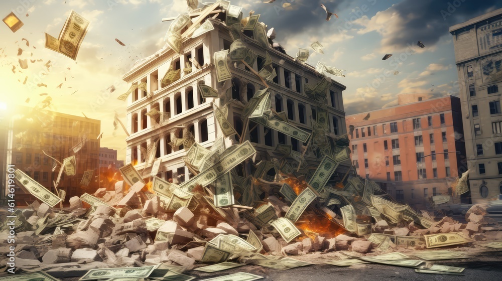 A bank building with bank notes collapsing down. Economic, banking, and ...