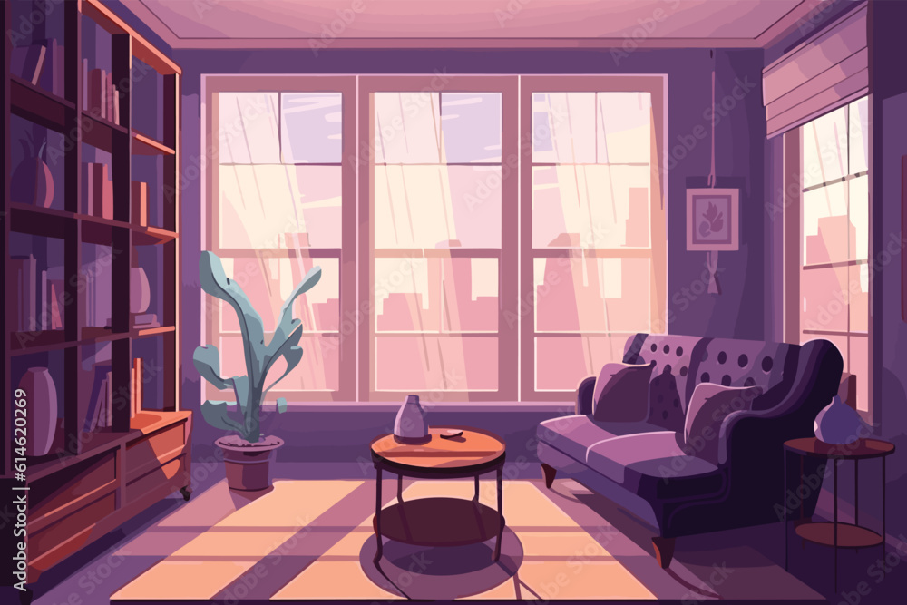 Purple living room interior, armchair, modern living room with purple ...