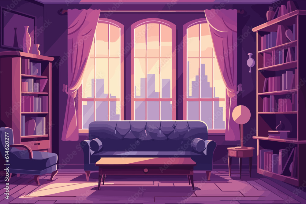 Purple living room interior, armchair, modern living room with purple ...