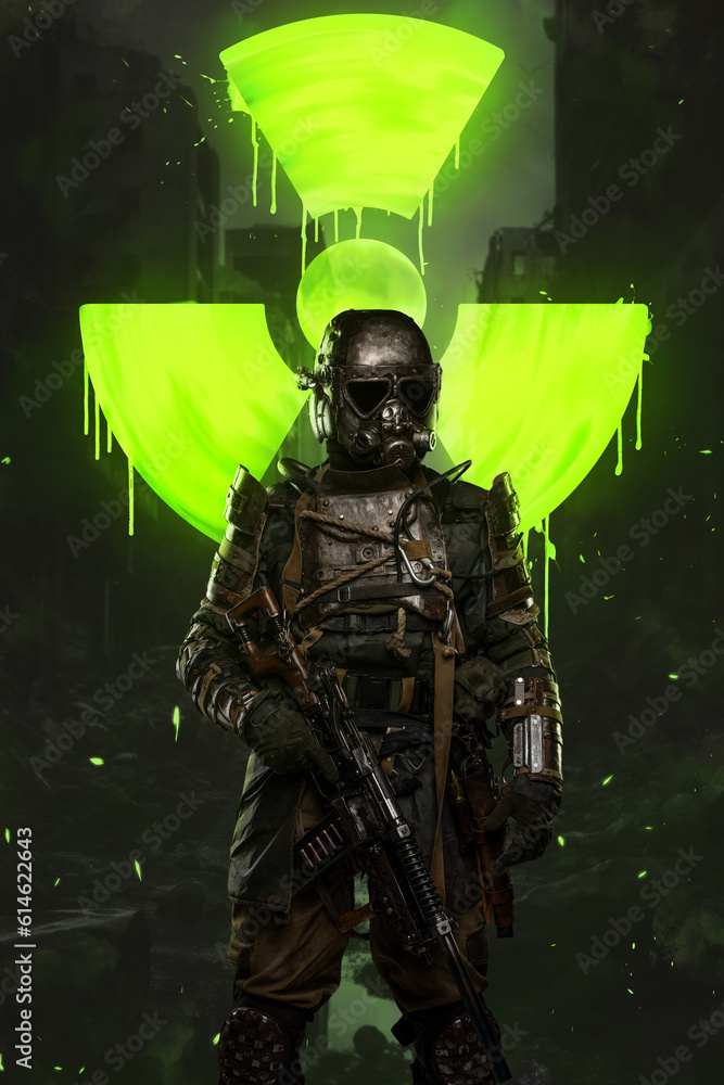 Soldier stands against a massive green nuclear protection sign ...