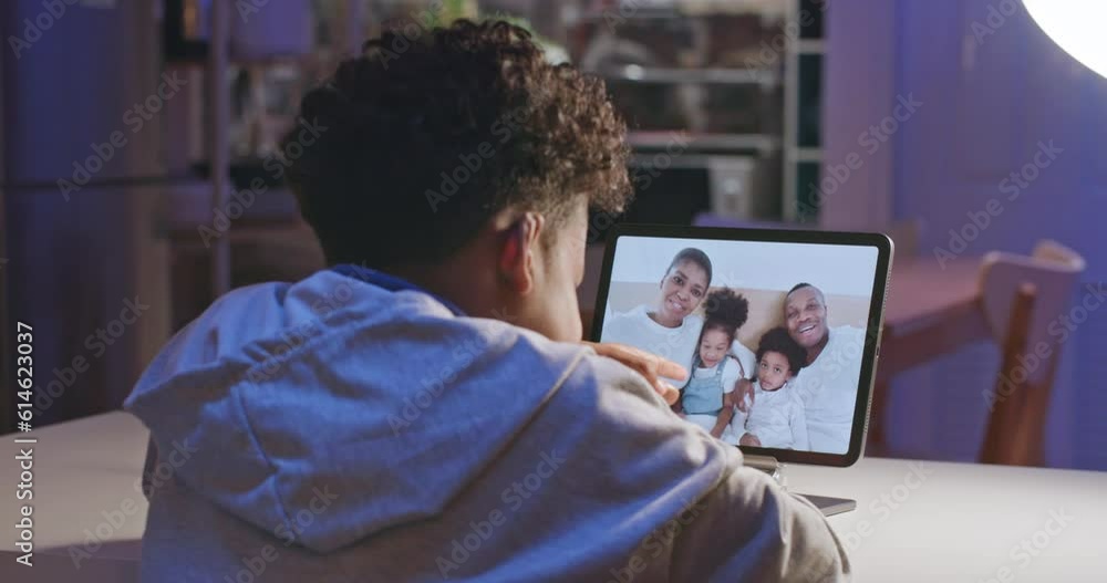 African american lonely boy use tablet making video call waving his ...