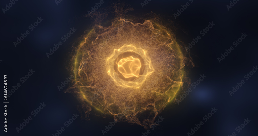Abstract sphere atom with electrons flying glowing yellow bright ...