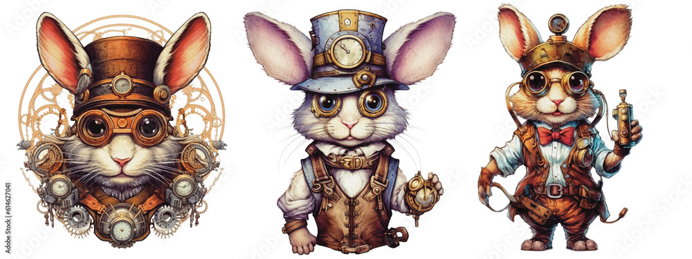 Set of a fantastic portrait rabbit of an attractive steampunk style ...